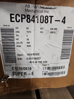NEW BALDOR 30 HP SUPER E MOTOR / ECP4108T-4 460 VOLT 3520 RPM 286TS ...