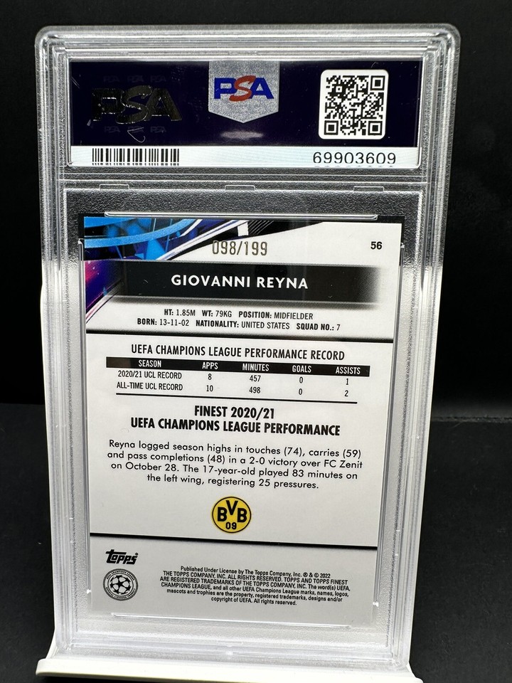 2021-22 UEFA Topps Finest Giovanni Reyna /199 Ray Wave #56 PSA 10 POP1 ...