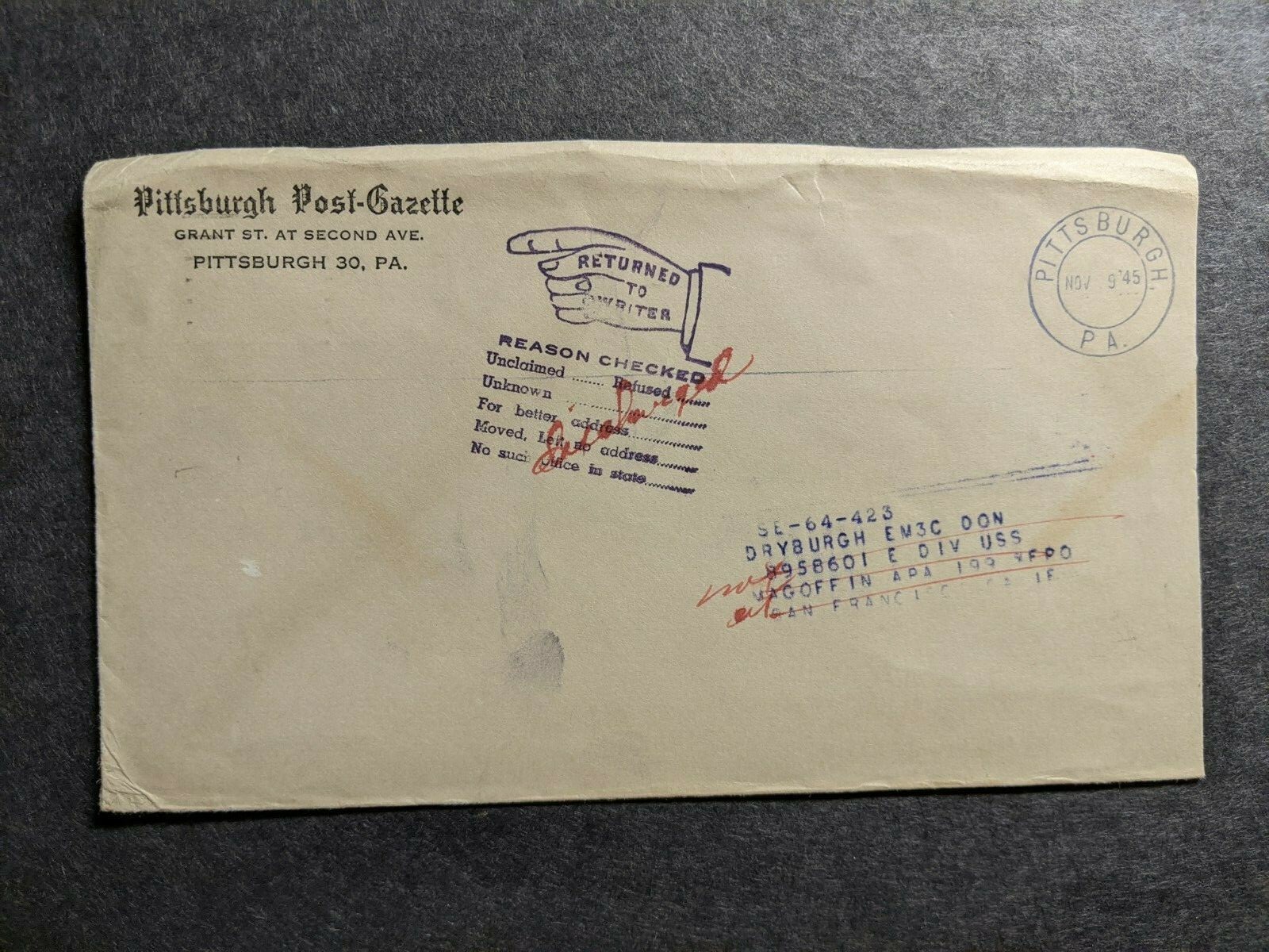 USS MAGOFFIN APA-199 Naval Cover 1945 Sailor's Mail Return to Sender | eBay