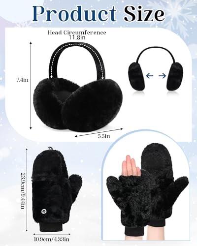 2 Pcs Winter Ear Muffs Mittens Set Faux Fur Flip Mittens Fuzzy Cute ...