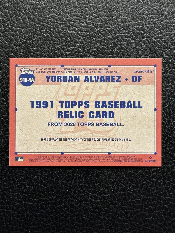 Yordan Alvarez 2026 Topps #91R-YA '91 Topps Game Used Bat Relic Astros ...