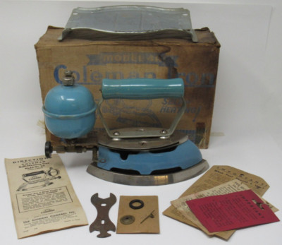 Antique Coleman Model 4A Blue Self Heating Sad Iron in Original Box w ...