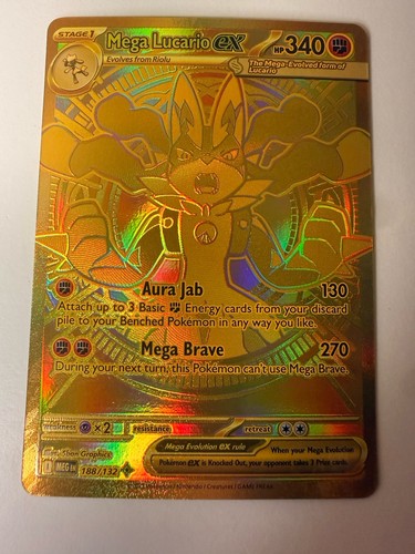 Mega Lucario EX Gold Rare Pokemon Card 188/132 Me01 Mega Evolution 2025 ...