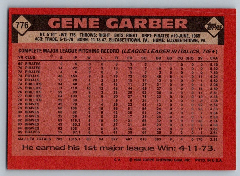 1986 Topps #776 Gene Garber | eBay