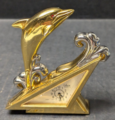 Vintage Dolphin Small Desk Clock Collezio Japan Quartz Brass 3.5" x 3.5 ...