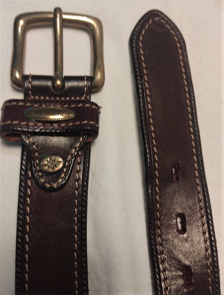 Columbus Brown Leather Belt Brass Hardware Italy compass 39L 1.25W side ...