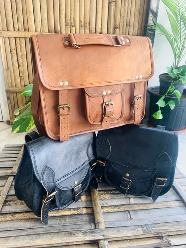 Genuine Leather Messenger Satchel Black motorcycle bag Big Tool ...