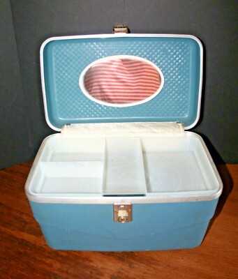 VTG Train Make-up Case Suitcase Luggage w/ Tray CHENEY Hard Shell Blue ...