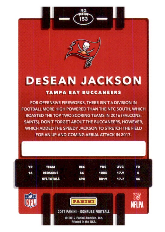 2017 Donruss DeSean Jackson NFL Base Card PWE Set Break Buccaneers #153 ...