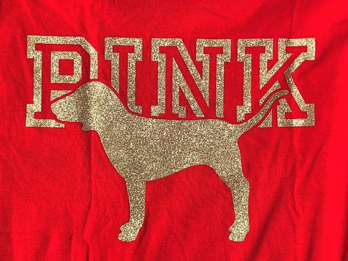 VICTORIAS SECRET PINK DOG LOGO CAMPUS CREW TEE SHIRT GLITTER TOP RED ...