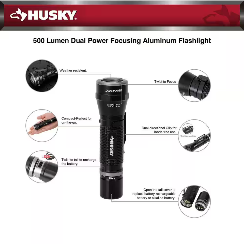 Husky 500-Lumens Dual Power Focusing 6-Modes Aluminum Flashlight | eBay
