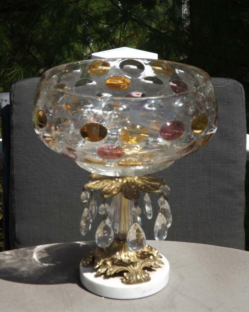 Czech Crystal Bohemian Optic Coin Glass Dot Compote Bowl Crystals Brass ...