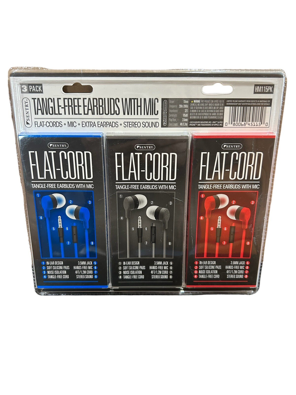 NEW (3 Pack) Sentry Flat-Cord Tangle Free Earbuds BLUE RED BLACK | eBay