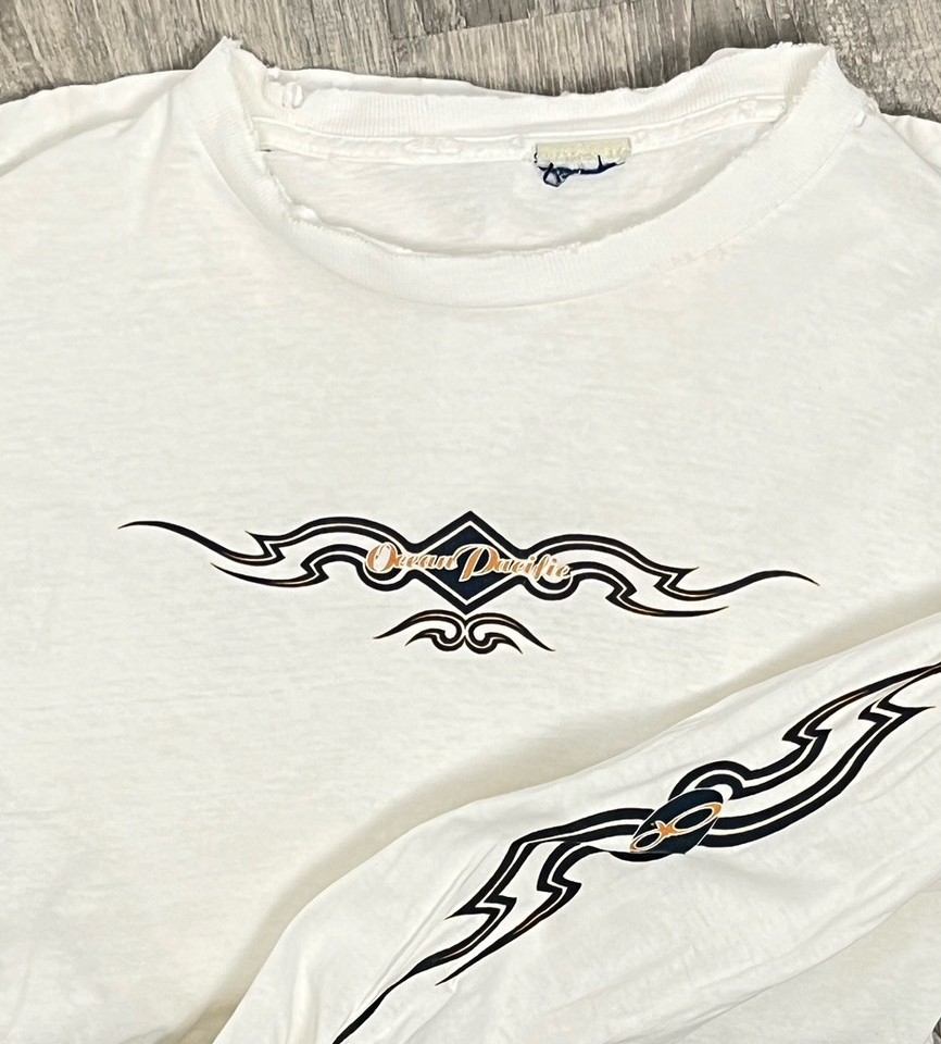 Op T Shirt Thrashed Ocean Pacific Spell Out Long Sleeve Medium White ...