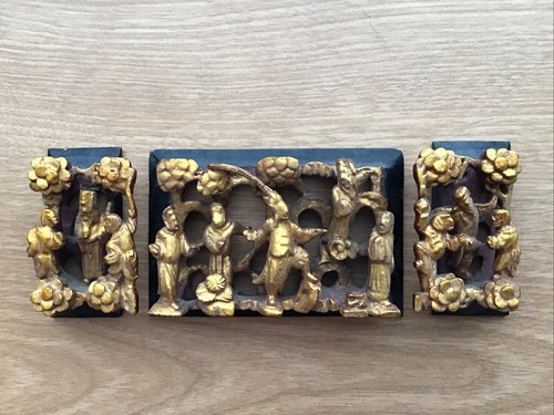 Antique Chinese Figures Intricate Carved Wooden Triptych Wall Hanging ...