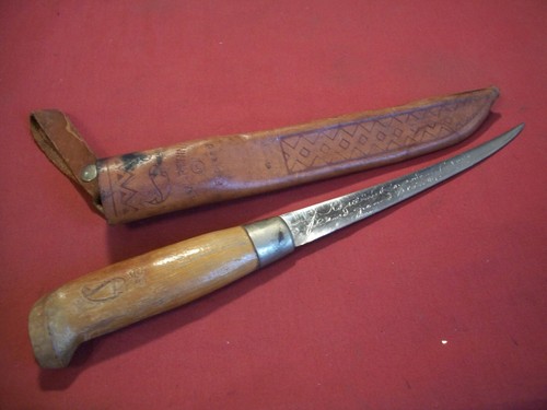 J. Marttiini Filet Knife W/ Leather Sheath & Hand Scrip Signiture Blade ...