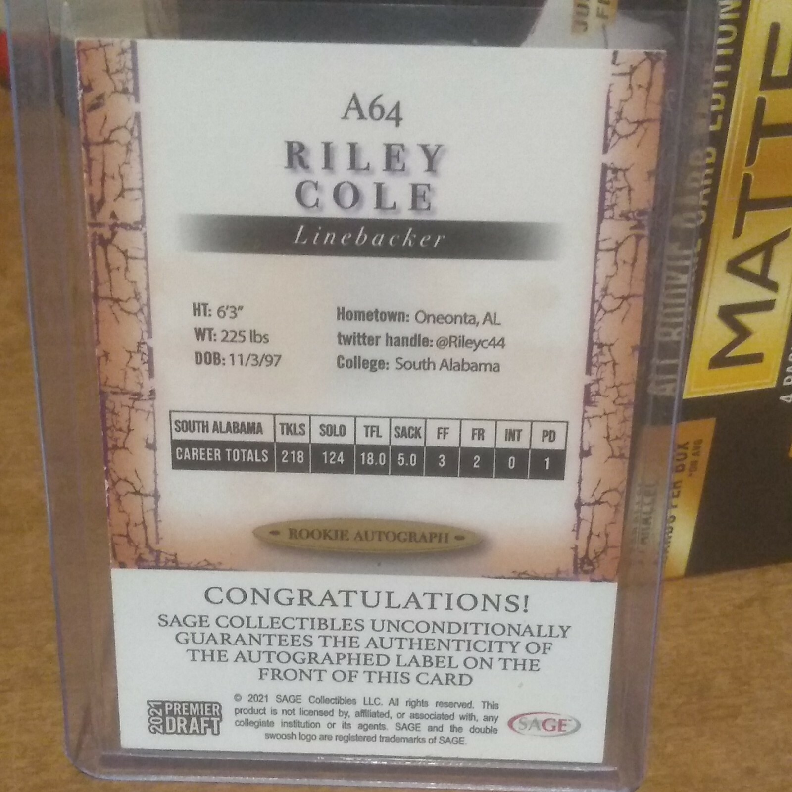 Riley Cole Autograph 2021 SAGE Premier Draft Autographed Rookie Card ...