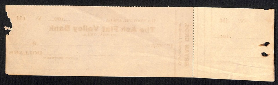 Randolph, OK c1900-09 Ash Flat Valley Bank Check Bryan Bros. Cottonwood ...