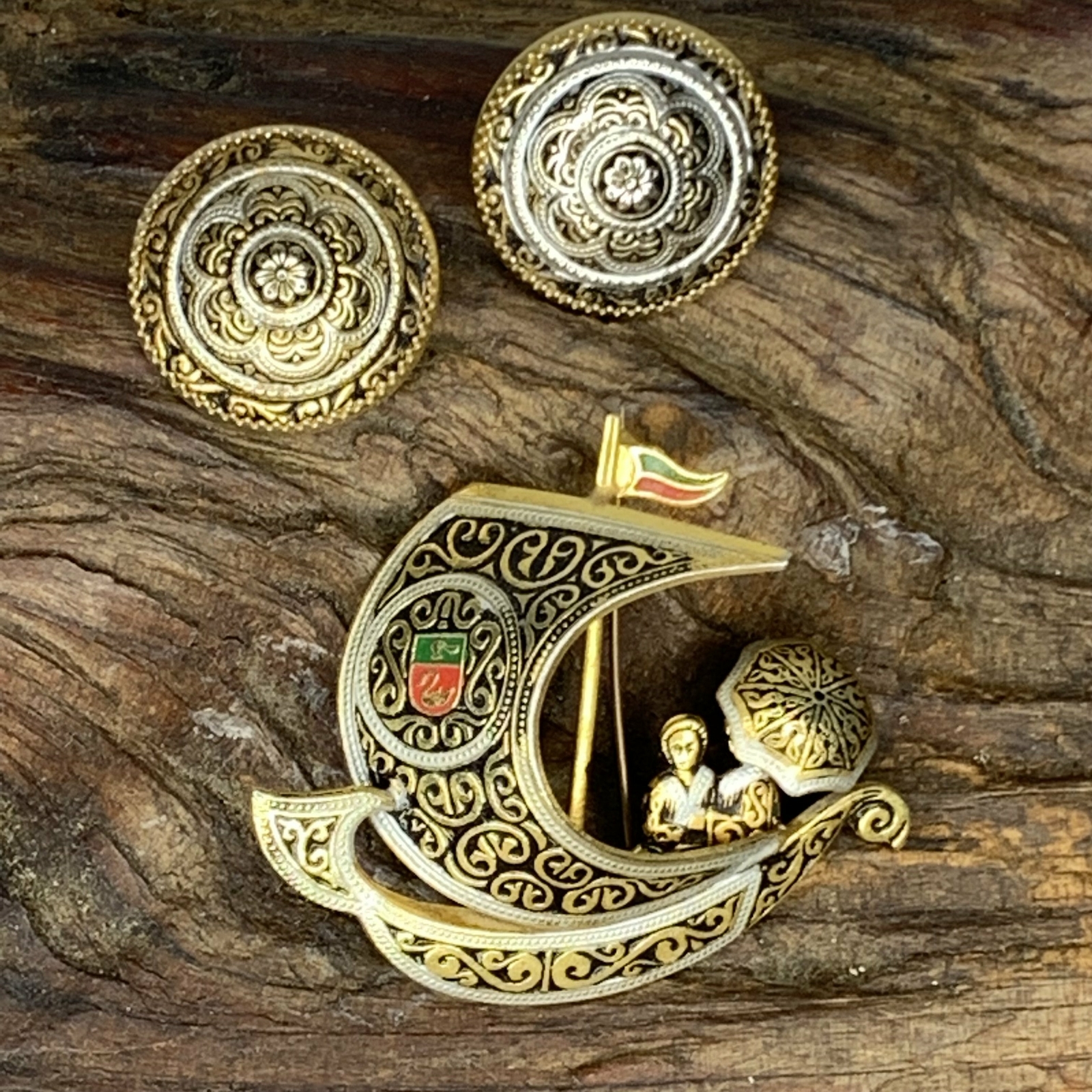 Vintage Spanish Damascene Tall Ship Pin & Damascene E… - Gem