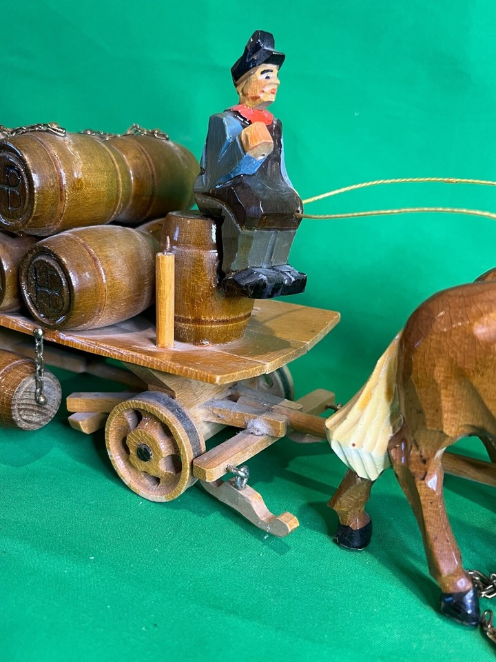 Hand Carved German Beer Cart w 2 horse Team & Wagoneer, HB on Barrels ...