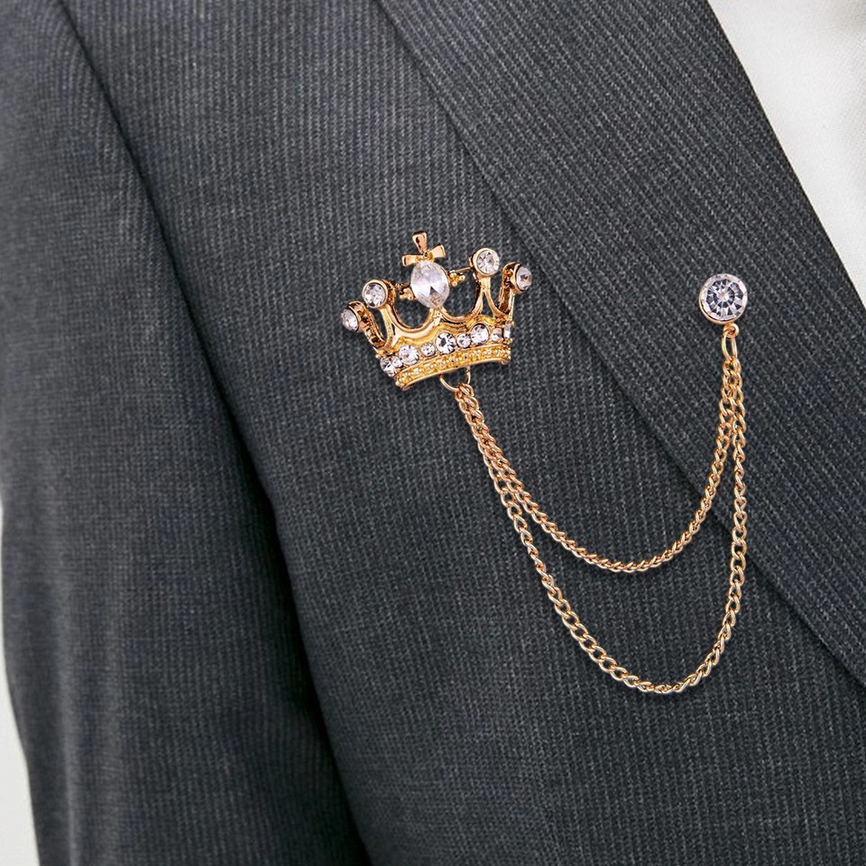 Chest Brooch Vintage Elegant Crown Shape Rhinestone for Men Formal Suit ...