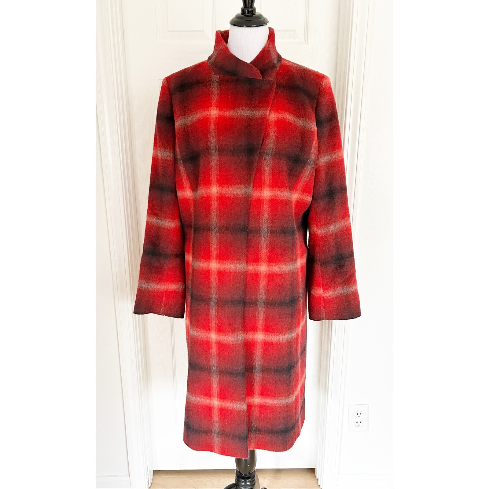 Hugo Boss Long Plaid Wool Coat Jacket Red Women’s 10 … - Gem