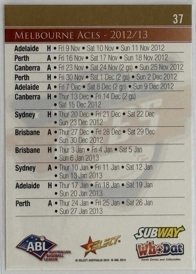 2012 / 2013 SELECT AUSTRALIAN BASEBALL CARD #37 MELBOURNE ACES LOGO ...