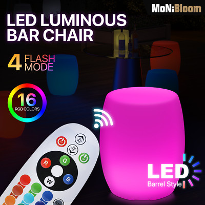 LED Light Up Barrel Shape Bar Stool 16 Colors Changing Chair Patio Seat ...