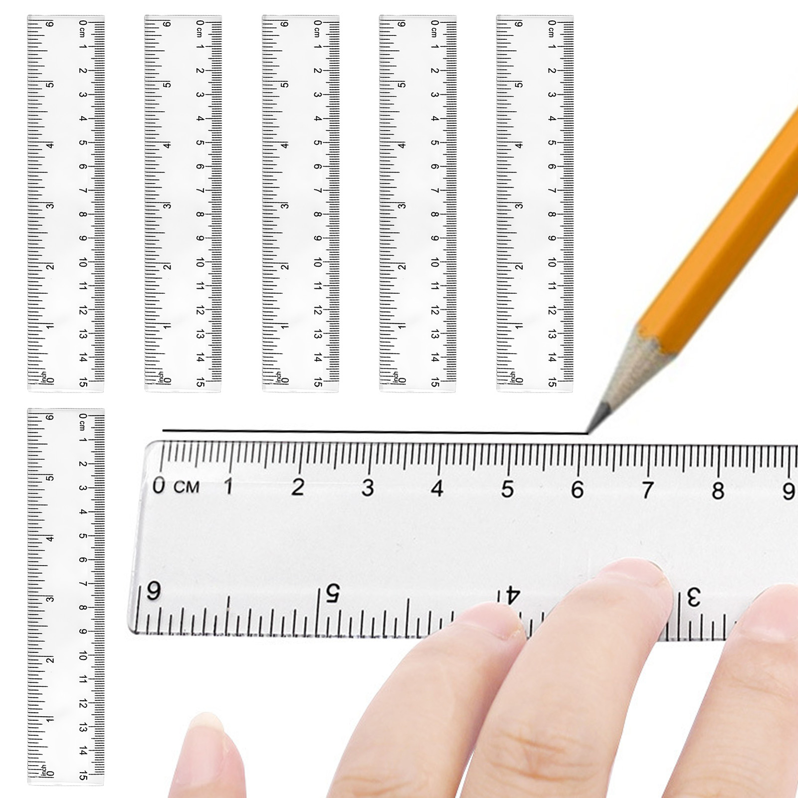 6pcs 15cm School Office Accurate Clear Plastic Ruler Double Sided Inch ...