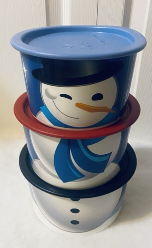 Tupperware 6 Pc Canister Set Christmas Snowman Santa One Touch Lids ...