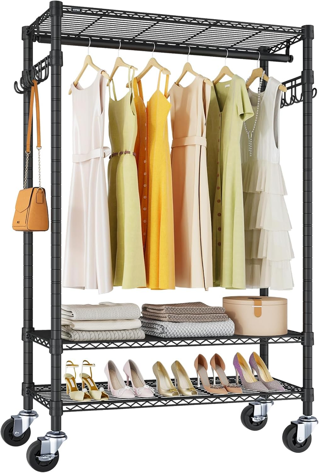 R3 Heavy Duty Garment Rack with Lockable Wheels, Portable Rolling ...