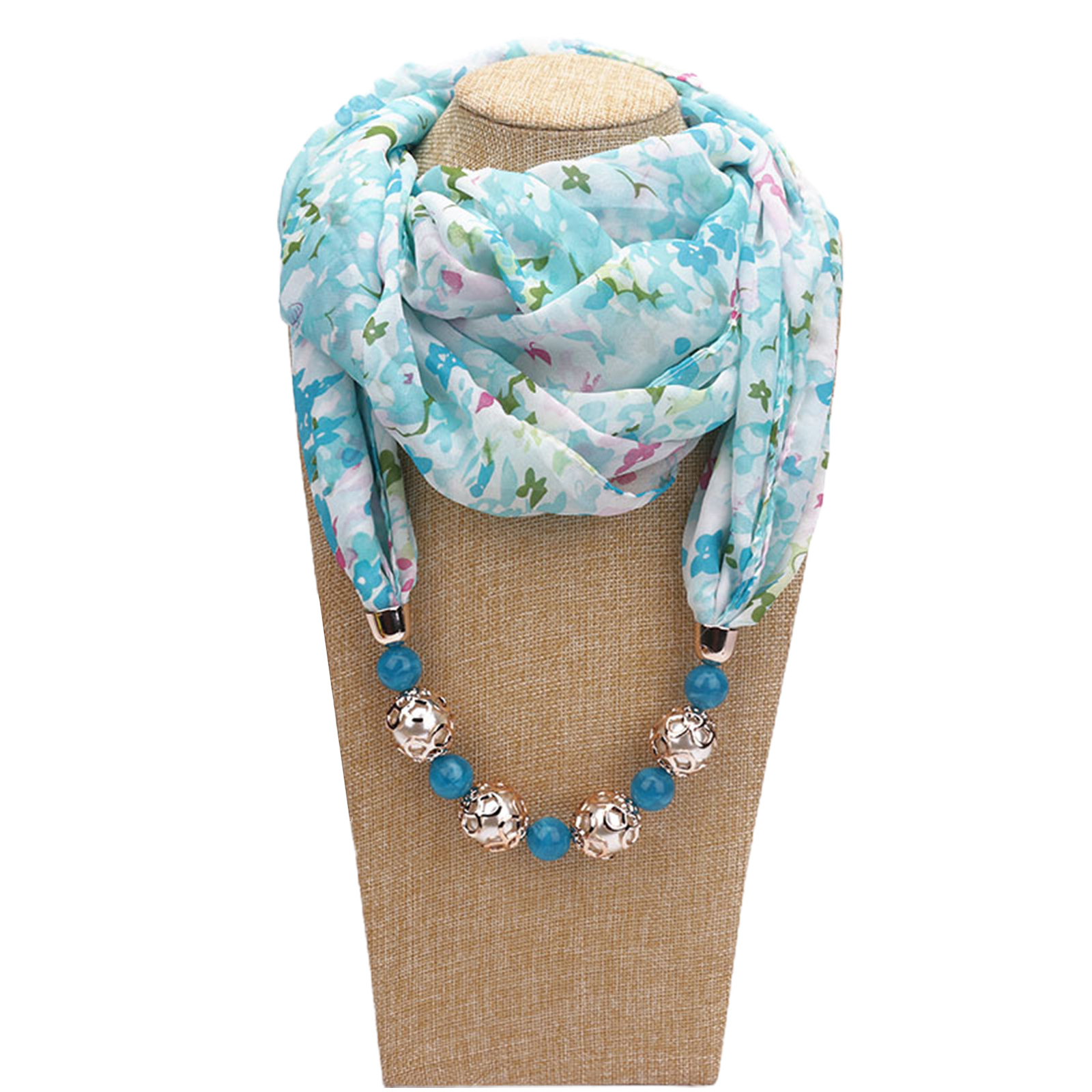 Women Scarf Beads Pendant Floral Print Ethnic Style Vintage Chiffon ...