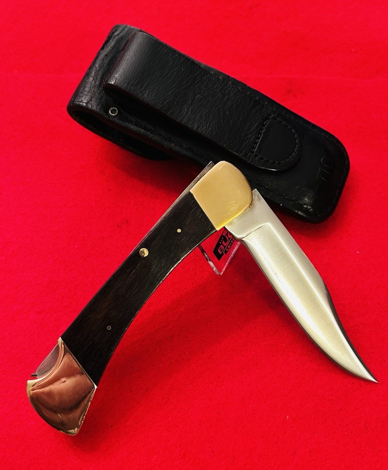 BUCK USA 110 INVERTED TWO LINE TWO PIN VINTAGE KNIFE AND SHEATH. RARE ...