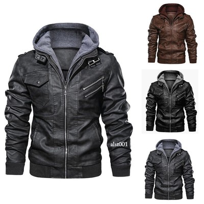 New Men's Leather Hooded Motorcycle Jacket Zipper Slim Fit Coats Biker ...