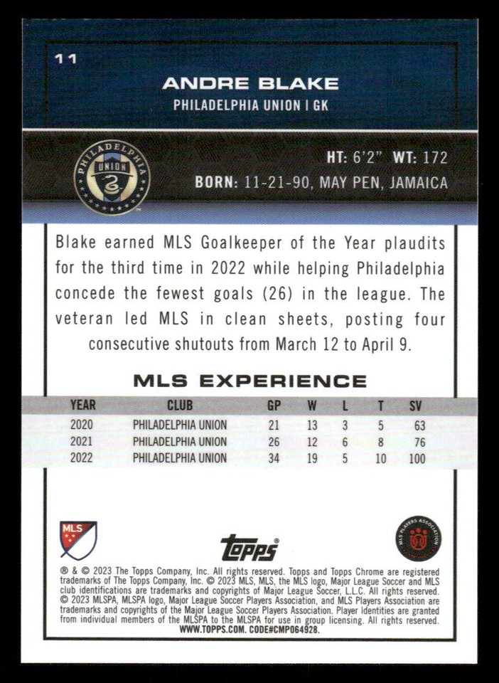 2022 Topps Chrome MLS Andre Blake Blue Wave SN #122 Card #/199 | eBay