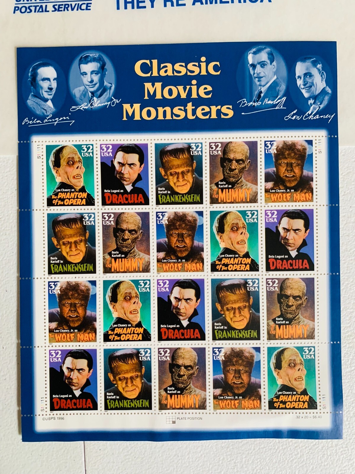 Vintage 1996 Classic Movie Monsters Full Sheet US Postal Service Stamps ...