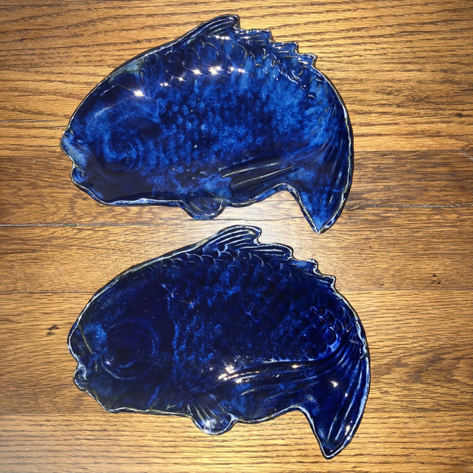 Vintage Set of 2 Hand Made Ceramic Glazed Blue Fish Plates/Platters ...