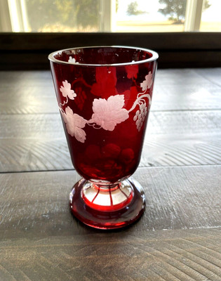 Vintage Ruby Flashed Glass, Footed, Etched Crystal 5-3/8" High, 3 ...