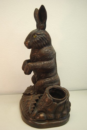 ANTIQUE TOBACCO JAR AUSTRIAN GERMAN BLACK FOREST WOOD CARVED RABBIT ...