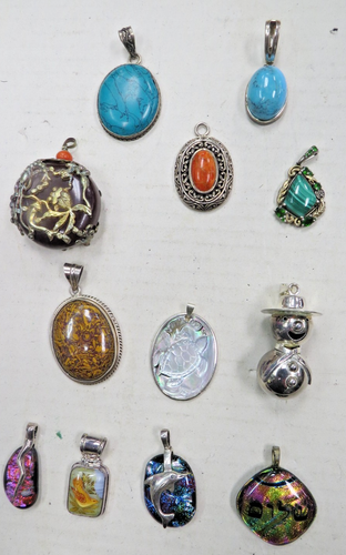 LOT OF 12 VINTAGE LARGE SILVER PENDANTS, STONES, GLASS, ABALONE SNOWMAN ...