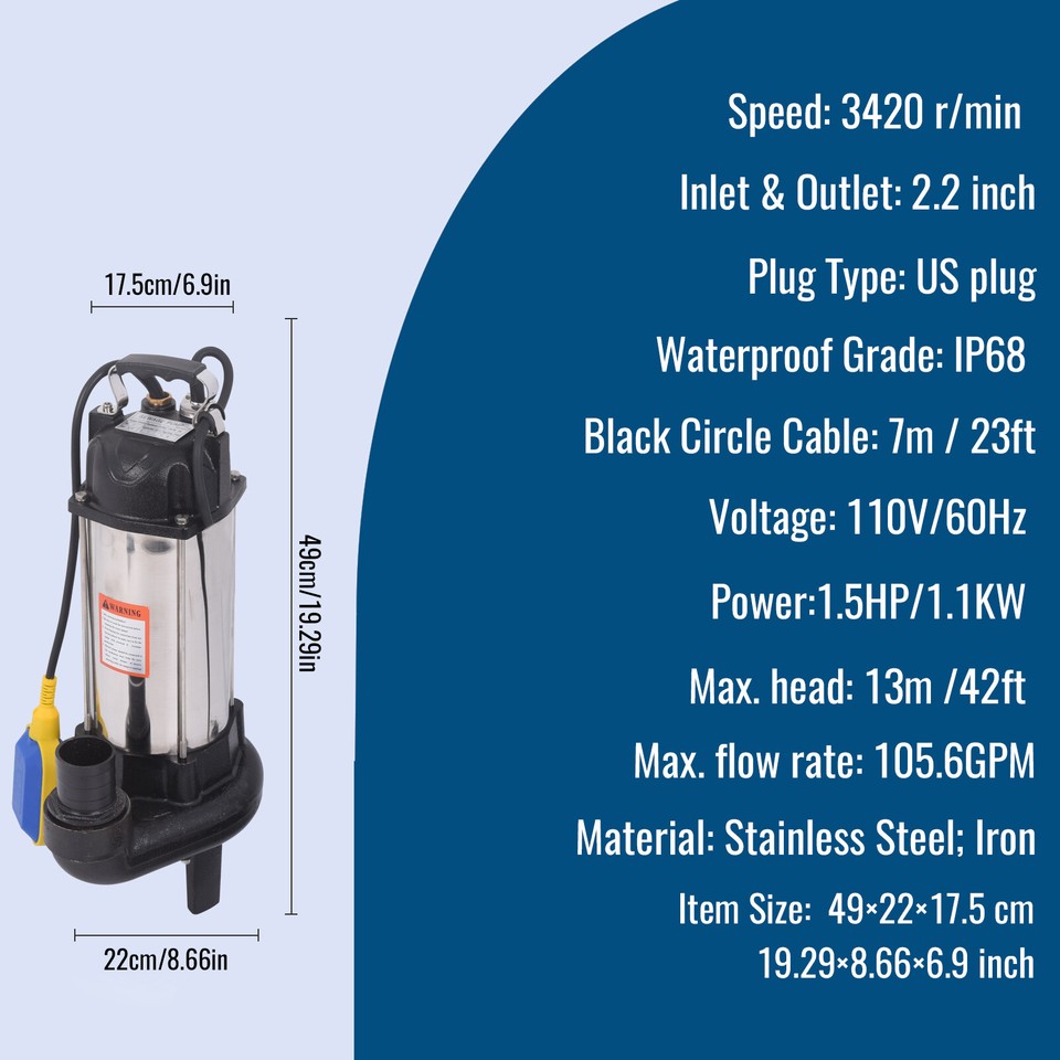 Submersible Sewage Pump 1.5HP 110V Sump Pump Sewage Pump w/23ft Cable ...