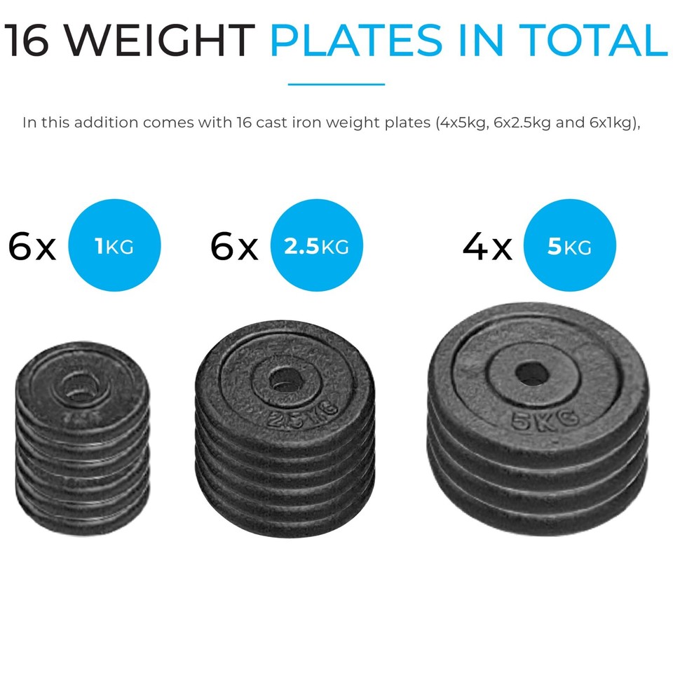 50KG Dumbbell & Barbell Weight Set Cast Iron Carry Case Body Building ...