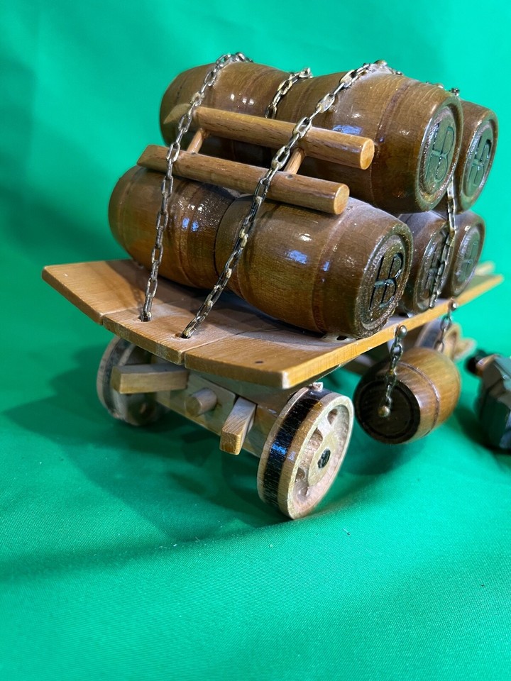 Hand Carved German Beer Cart w 2 horse Team & Wagoneer, HB on Barrels ...