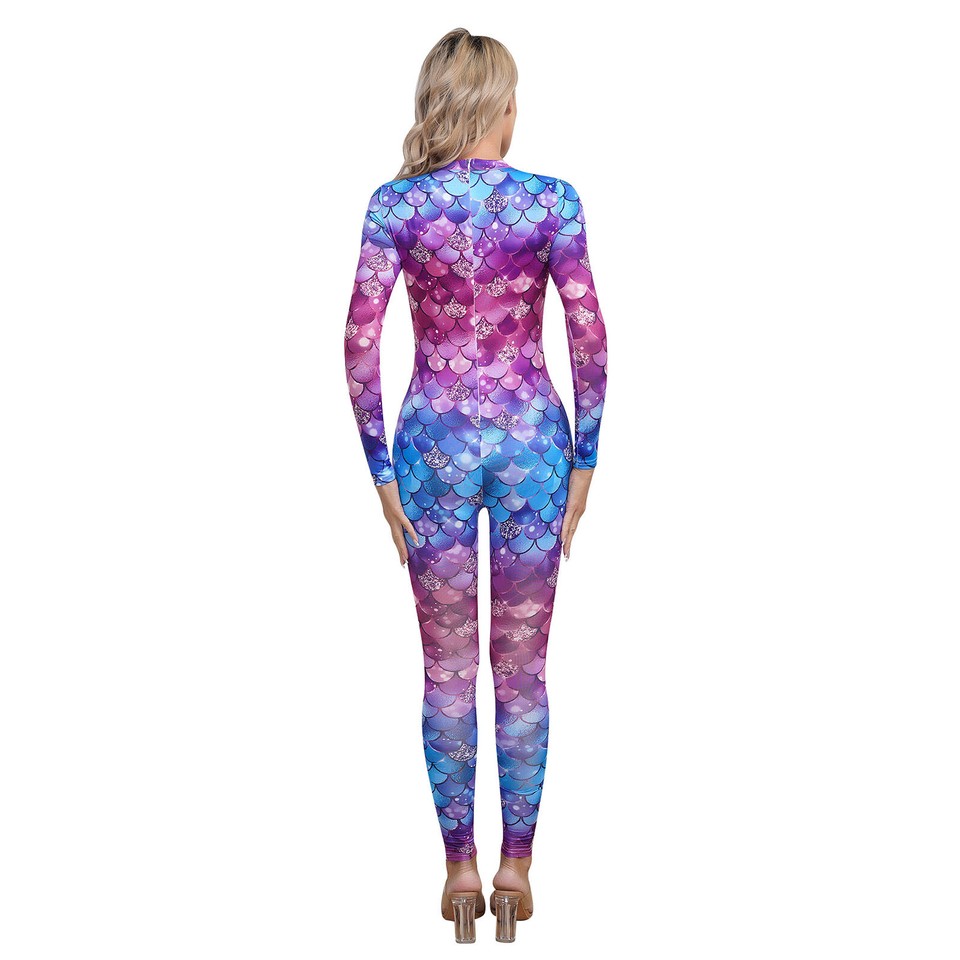 AU Womens Mermaid Fish Scale Print Costume Long Sleeve Jumpsuit Catsuit ...