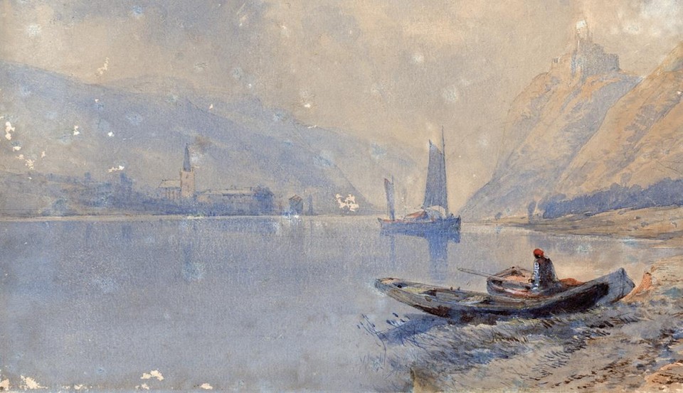 THOMAS CHARLES LEESON ROWBOTHAM Watercolour Painting CONTINENTAL LAKE ...