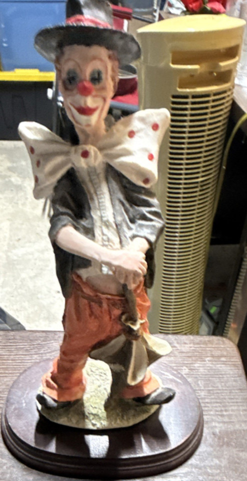 Clown Ceramic Figurine Circus Theme Multicolor Painted with Wooden Base ...