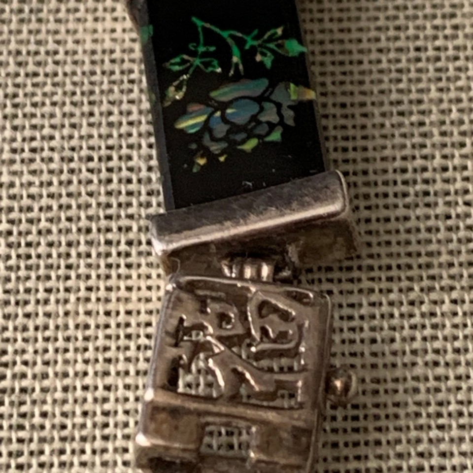 VINTAGE HAN CHINA STERLING SILVER PANEL BRACELET BLACK OPAL FLORAL ...