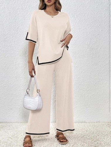 Lady Sweater 2pcs set Short Sleeve Knit High Waisted Wide Leg Pants ...