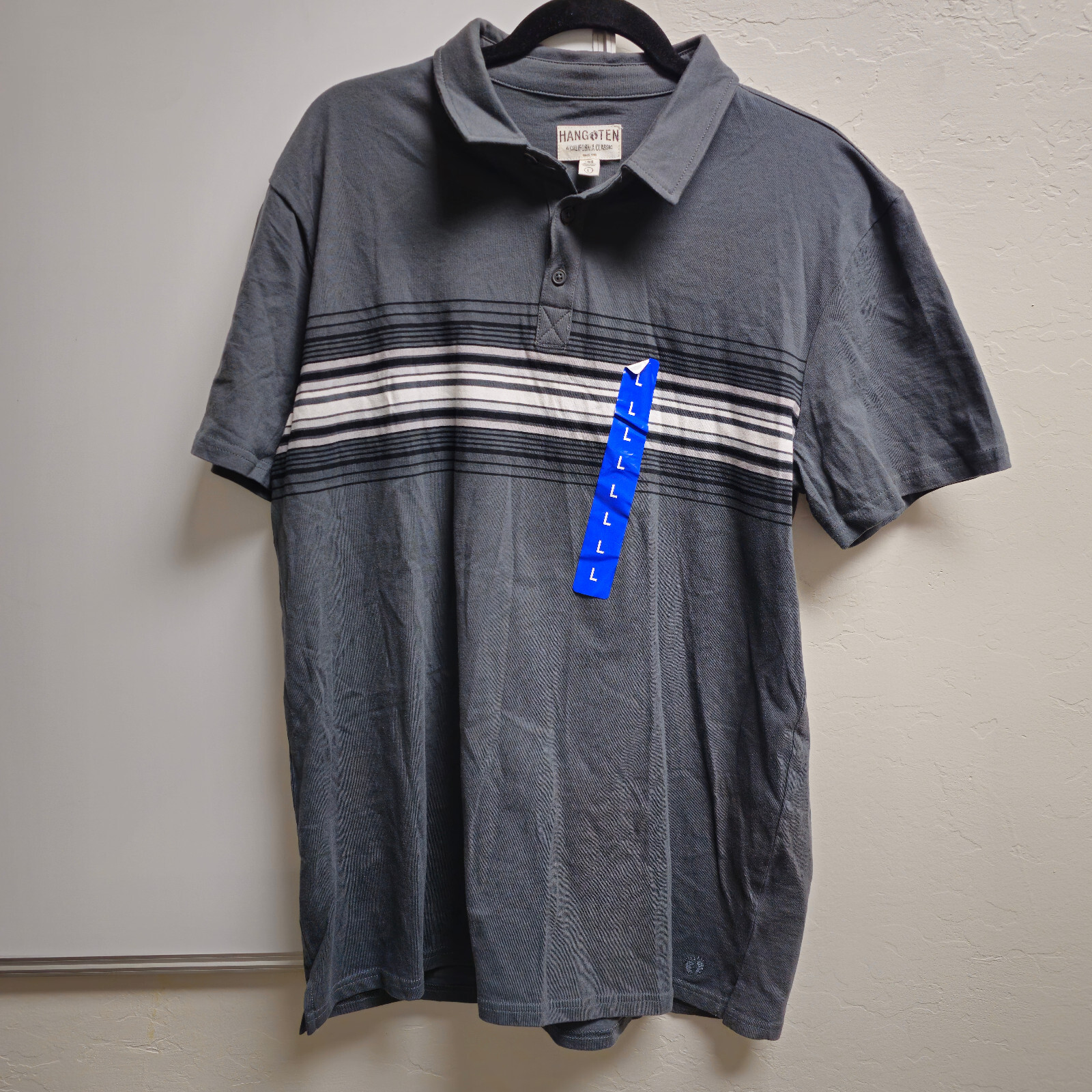 Hang Ten Polo Shirt Men's Large Charcoal/White Stripe Short Sleeve NEW ...