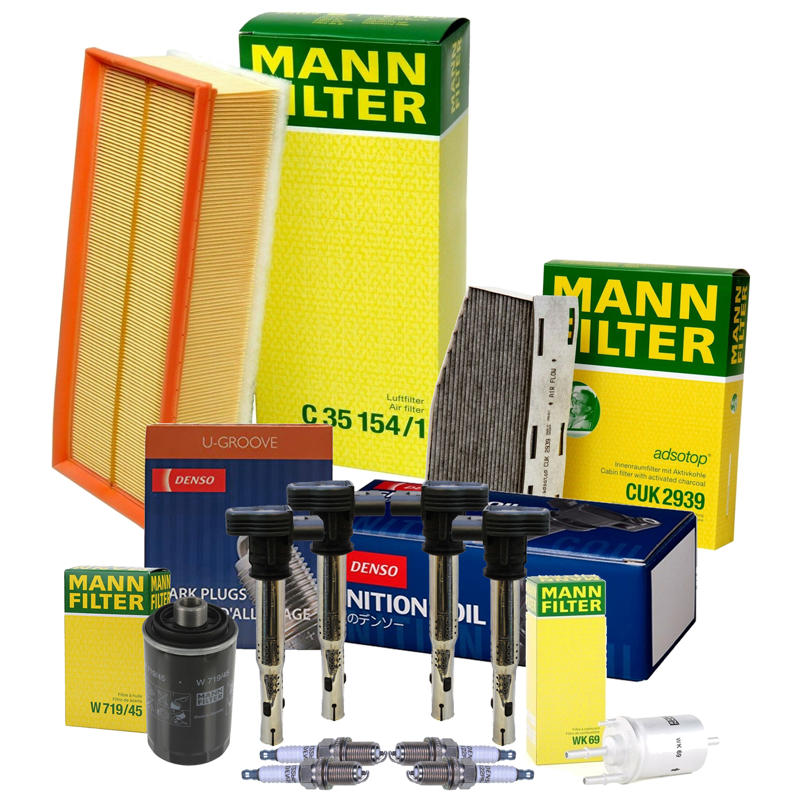 Mann Filter Denso 4 Coil 4 U-Groove Spark Plug TuneUp Kit For Audi VW ...